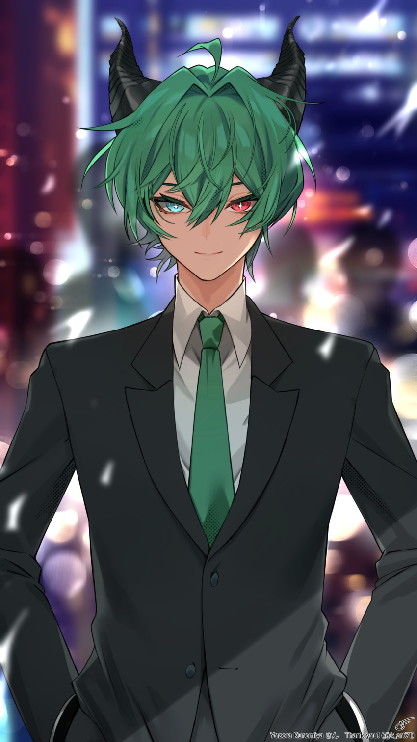 Safebooru - 1boy ahoge black horns blue eyes blurry blurry background closed mouth collared ...