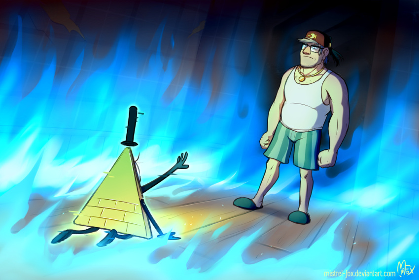 Safebooru - 2boys artist name bill cipher black hat blue fire english ...