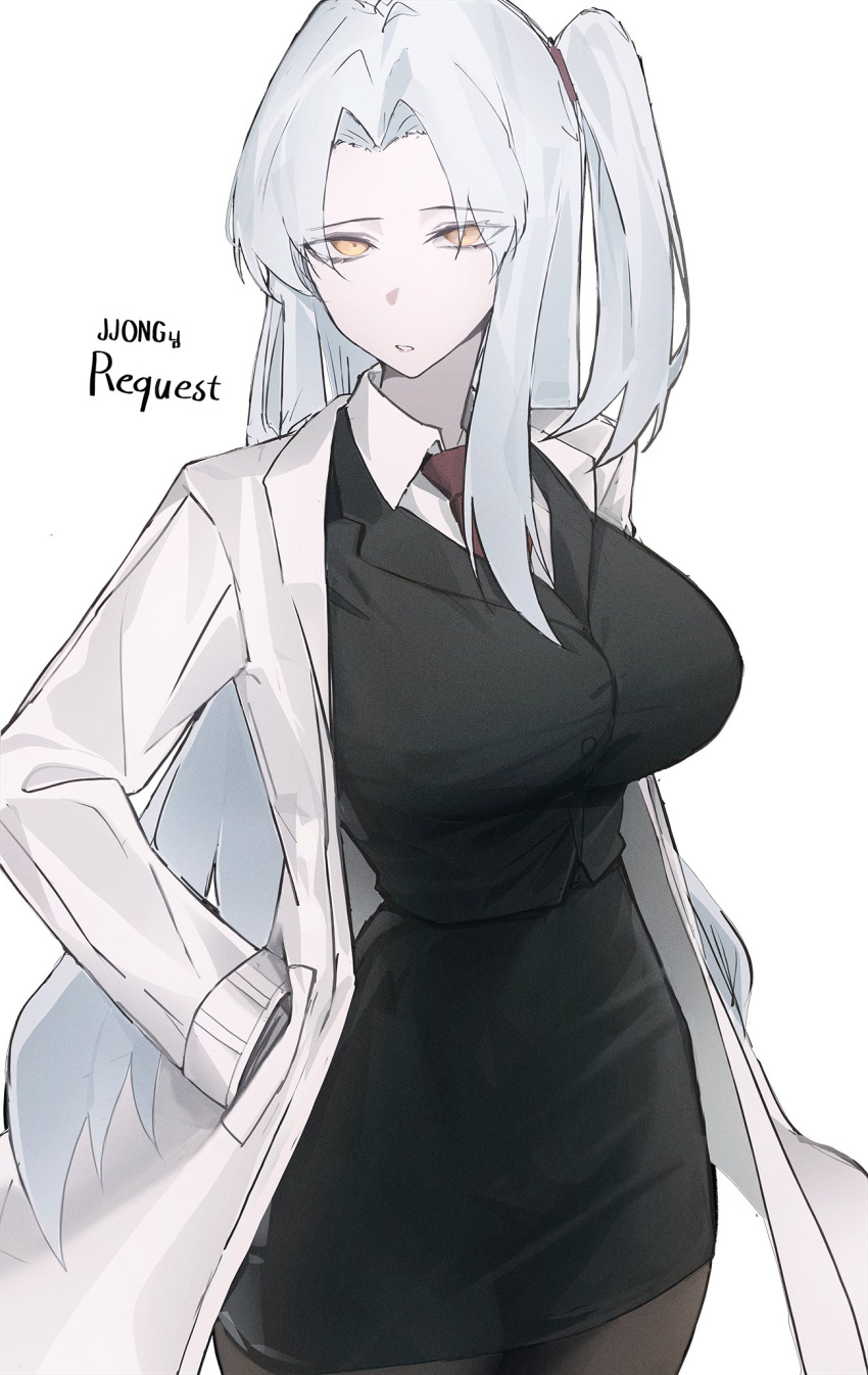 Safebooru - 1girl angela (project moon) black skirt black vest blue hair breasts coat hands in ...