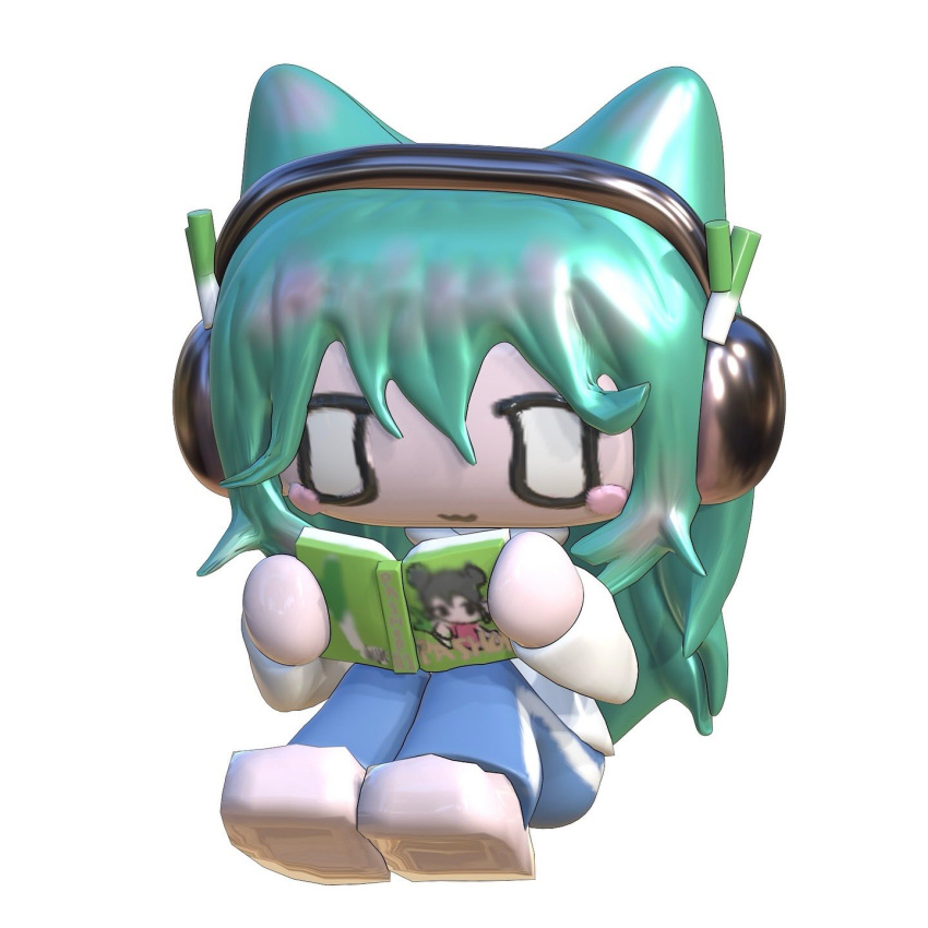 Safebooru - 1girl 3d :3 animal ears aqua hair blue pants blush stickers ...