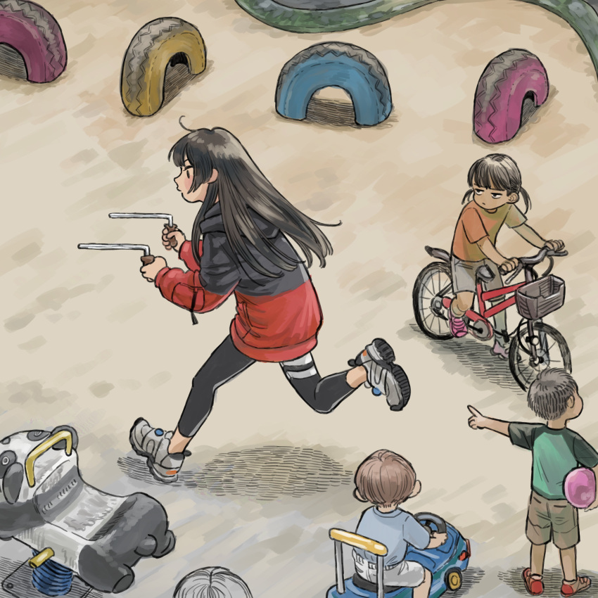 Safebooru - 2boys 2girls absurdres bicycle black hair child dowsing rod highres jacket koze ...