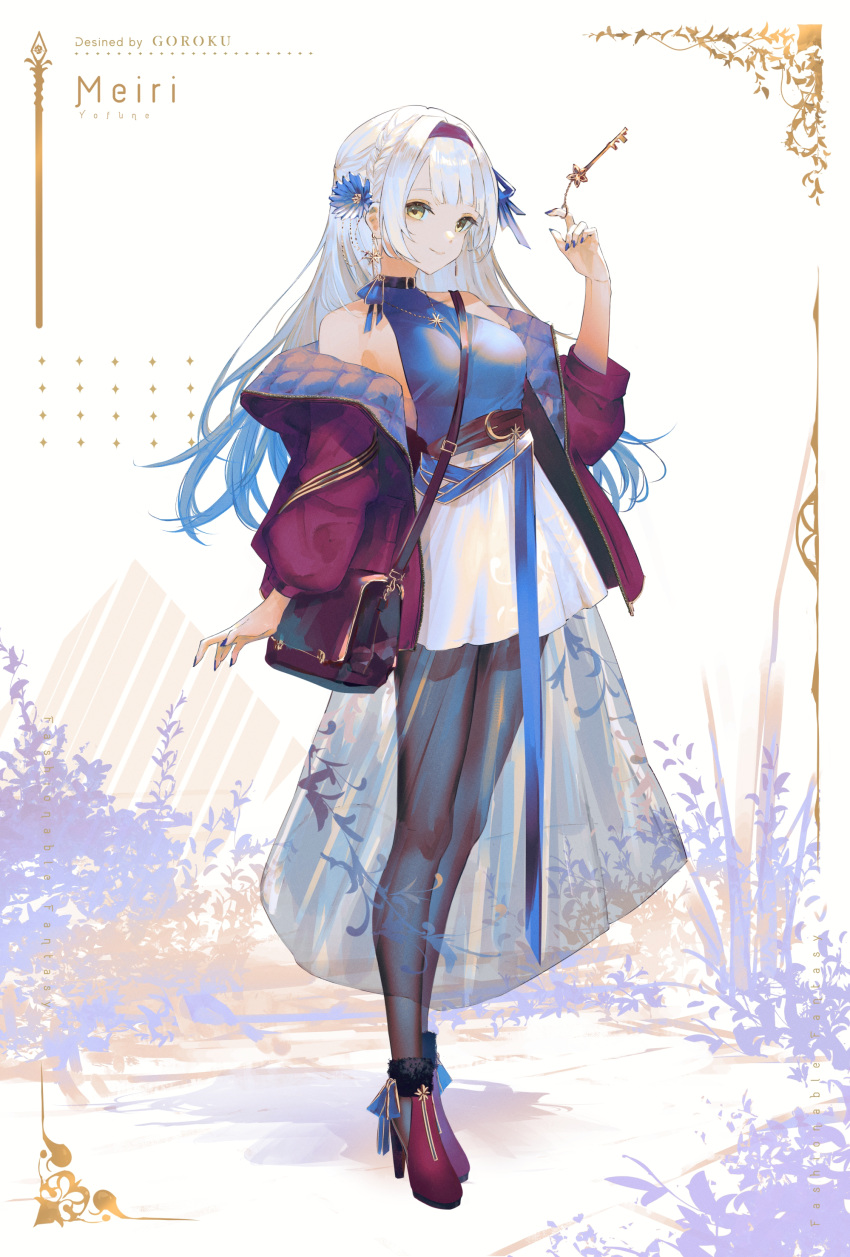 Safebooru - 1girl absurdres bag belt black pantyhose blue nails blue sash blue shirt braid ...