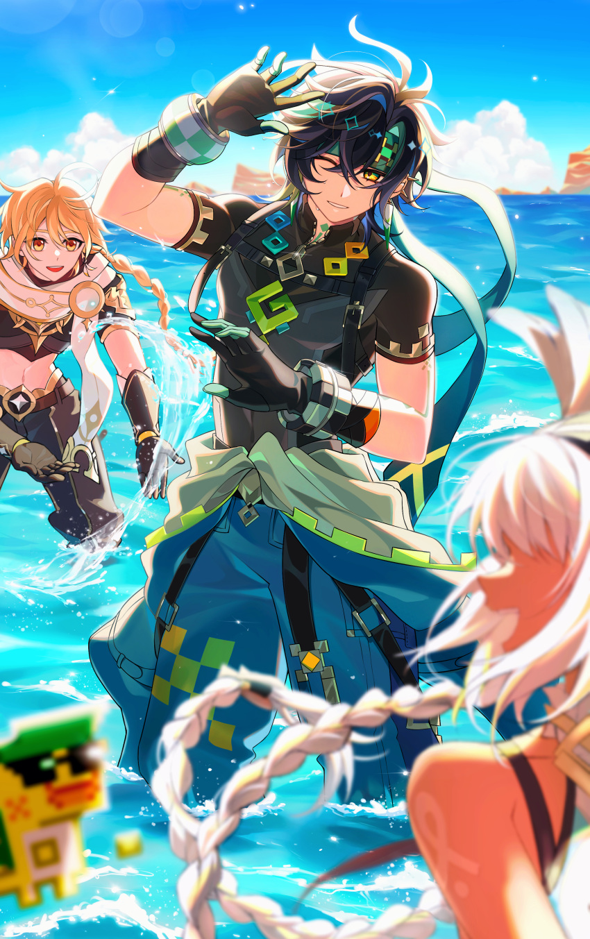 Safebooru - 1girl 2boys absurdres aether (genshin impact) ajaw (genshin impact) aqua pants beach ...