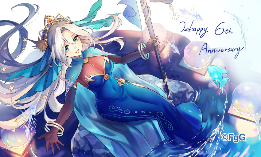 Safebooru - 1girl anniversary aqua eyes artist name blue dress covered navel dress fish bone ...