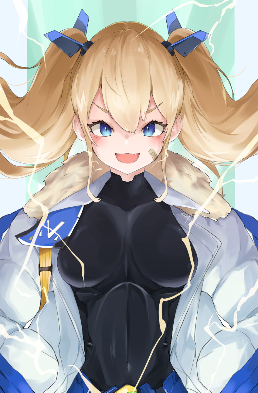 Safebooru - 1girl absurdres bandaid bandaid on cheek bandaid on face black bodysuit blonde hair ...