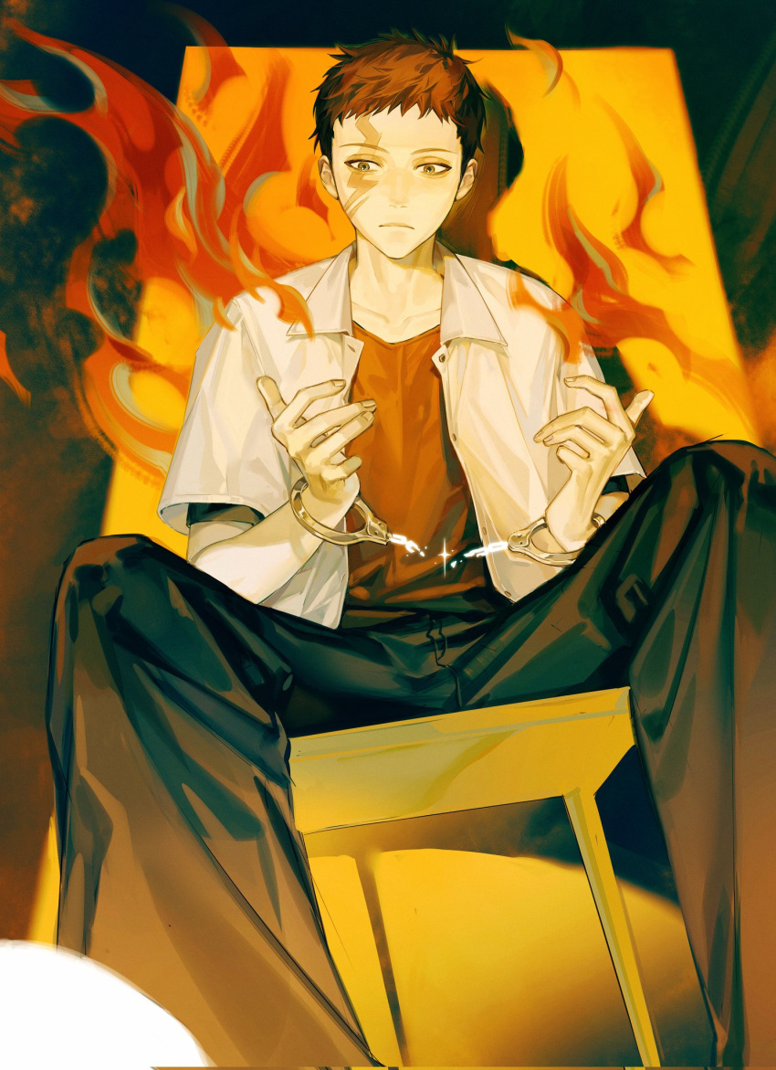 Safebooru - 1boy black hair black pants broken handcuffs buraiden gai ...