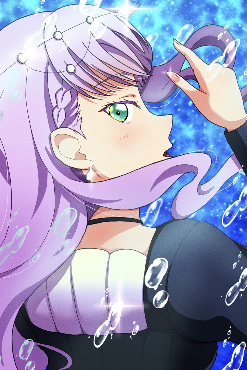 Safebooru - 1girl absurdres alt text arm up black dress blue background blush braid bubble rise ...