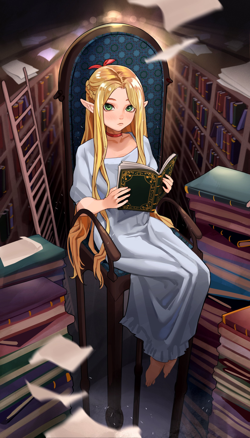 Safebooru - 1girl absurdres barefoot blonde hair book book stack braid collarbone dress dungeon ...