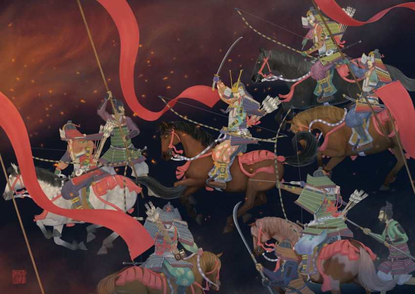 Safebooru - armor arrow (projectile) banner black background fire ...