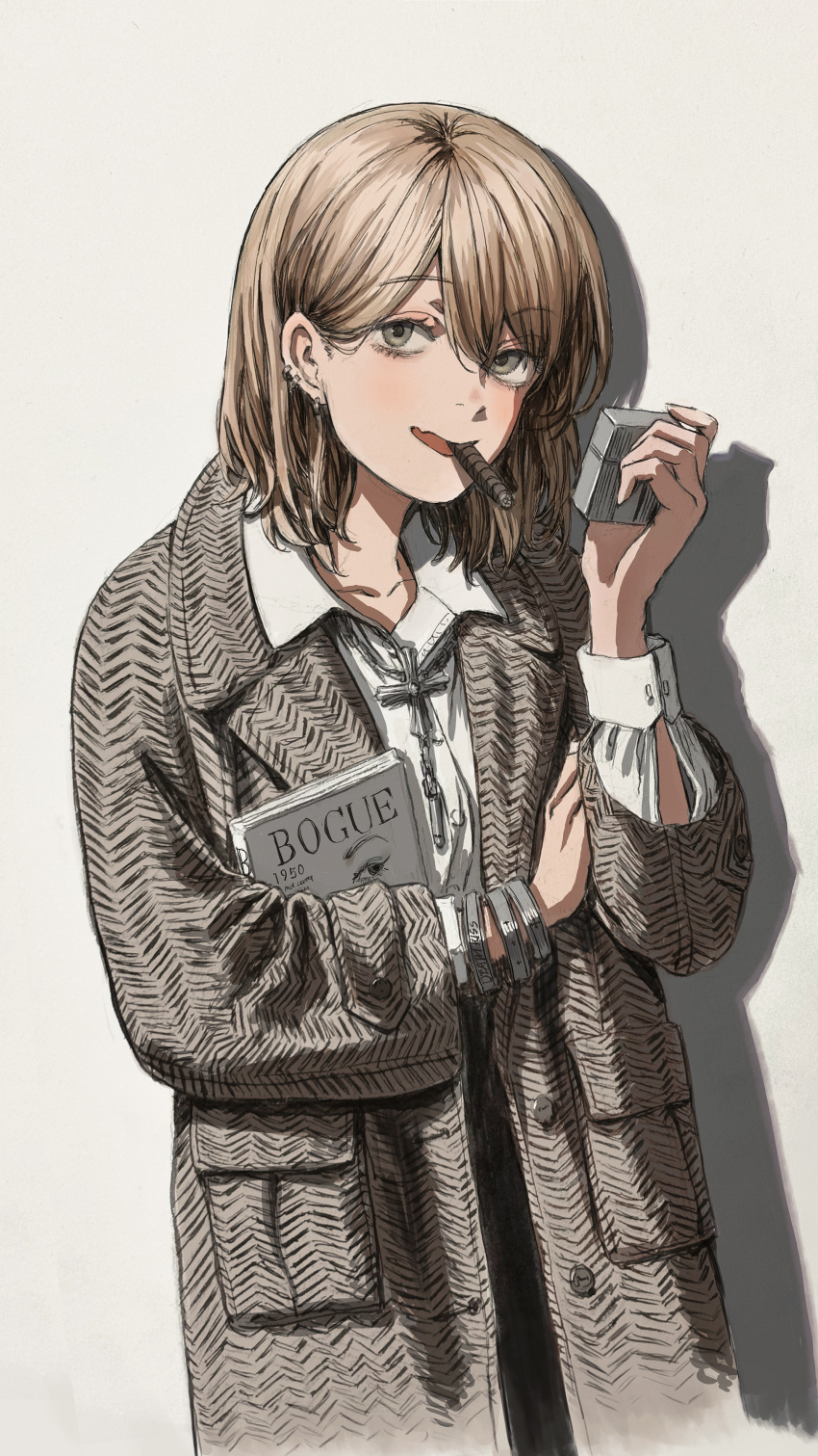 Safebooru - 1girl absurdres book breasts brown coat brown eyes cigar coat earrings gold can ...