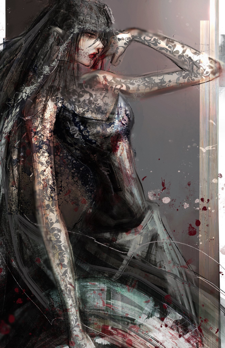 Safebooru - 1girl black dress black hair blood blood on clothes blood ...