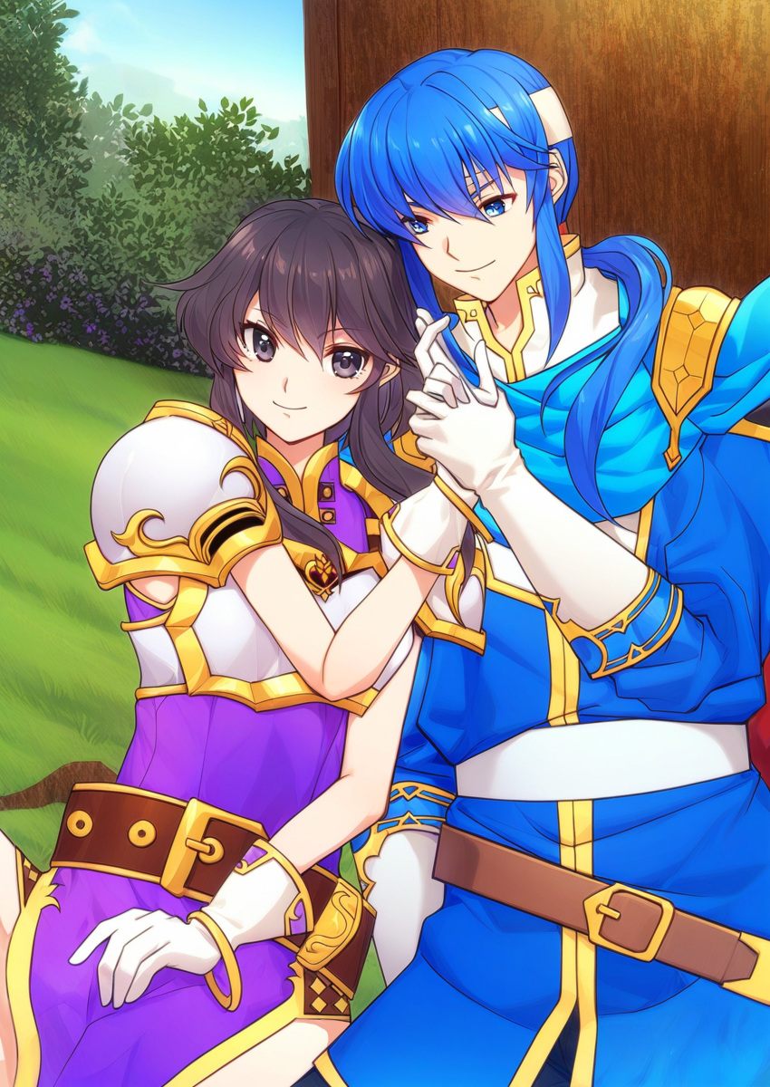 Safebooru - 1boy 1girl absurdres armor belt black hair blue hair ...