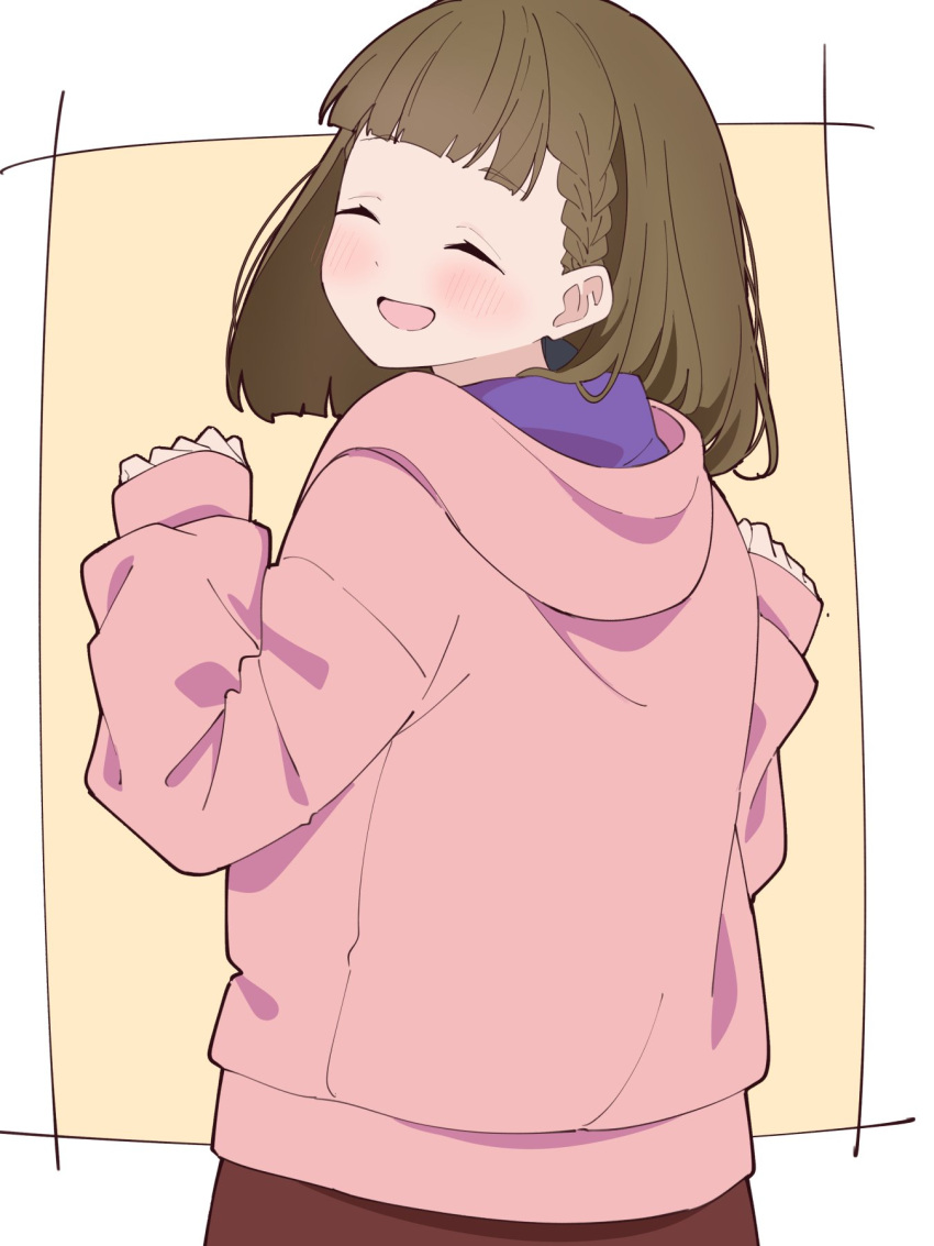 Safebooru - 1girl :d ^ ^ anyoji hime blush borrowed clothes braid brown dress brown hair center ...