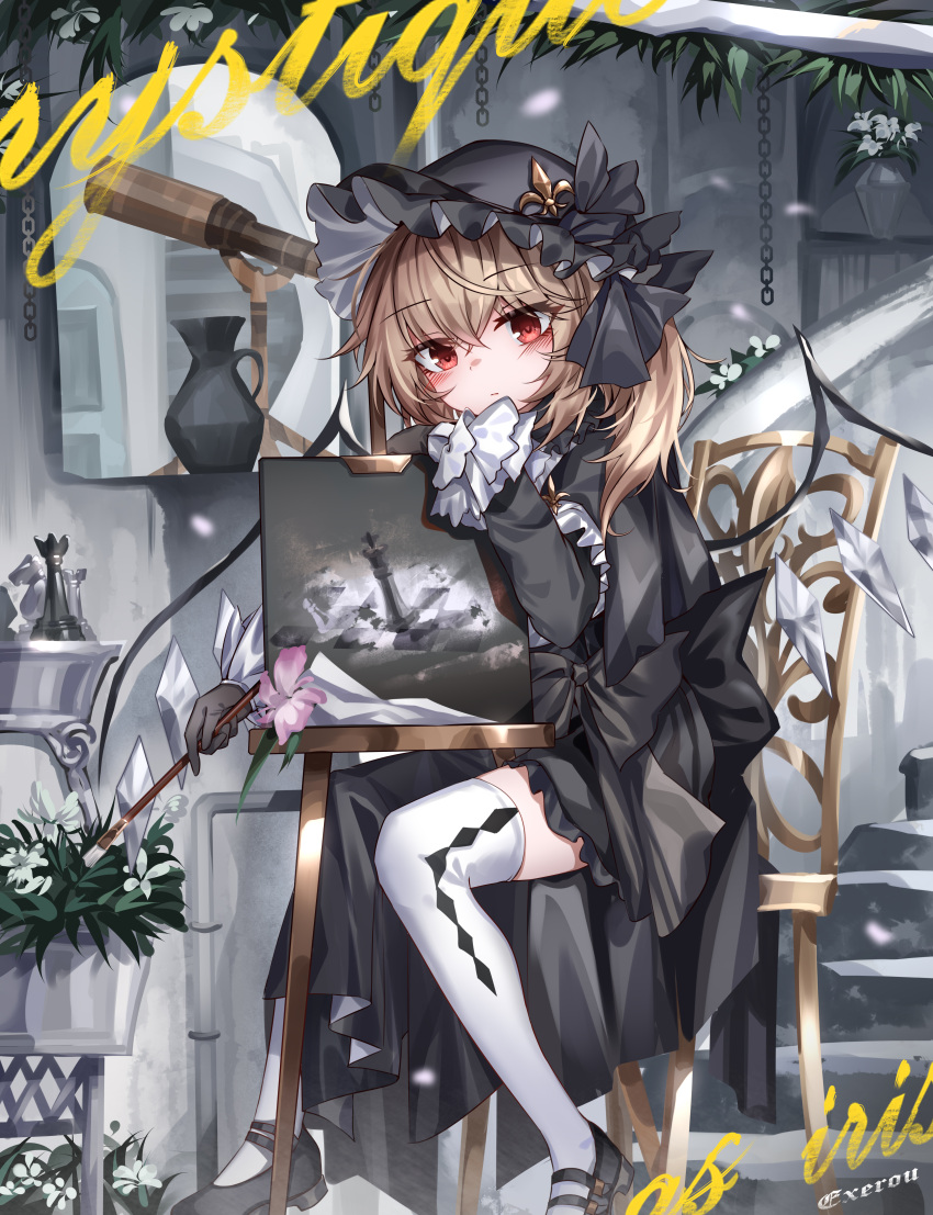 Safebooru - 1girl absurdres alternate costume black dress black footwear blonde hair blush chair ...