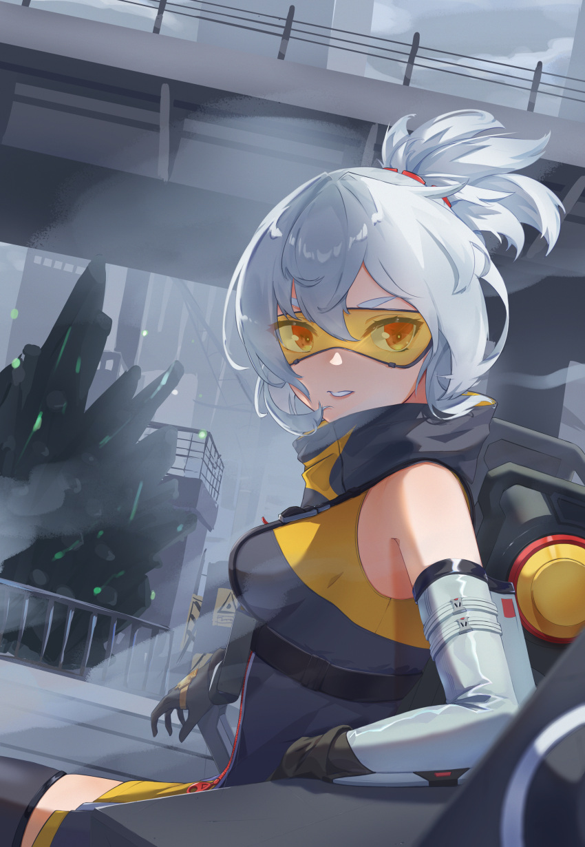 Safebooru - 1girl absurdres black gloves breasts brown eyes building cityscape cowboy shot from ...