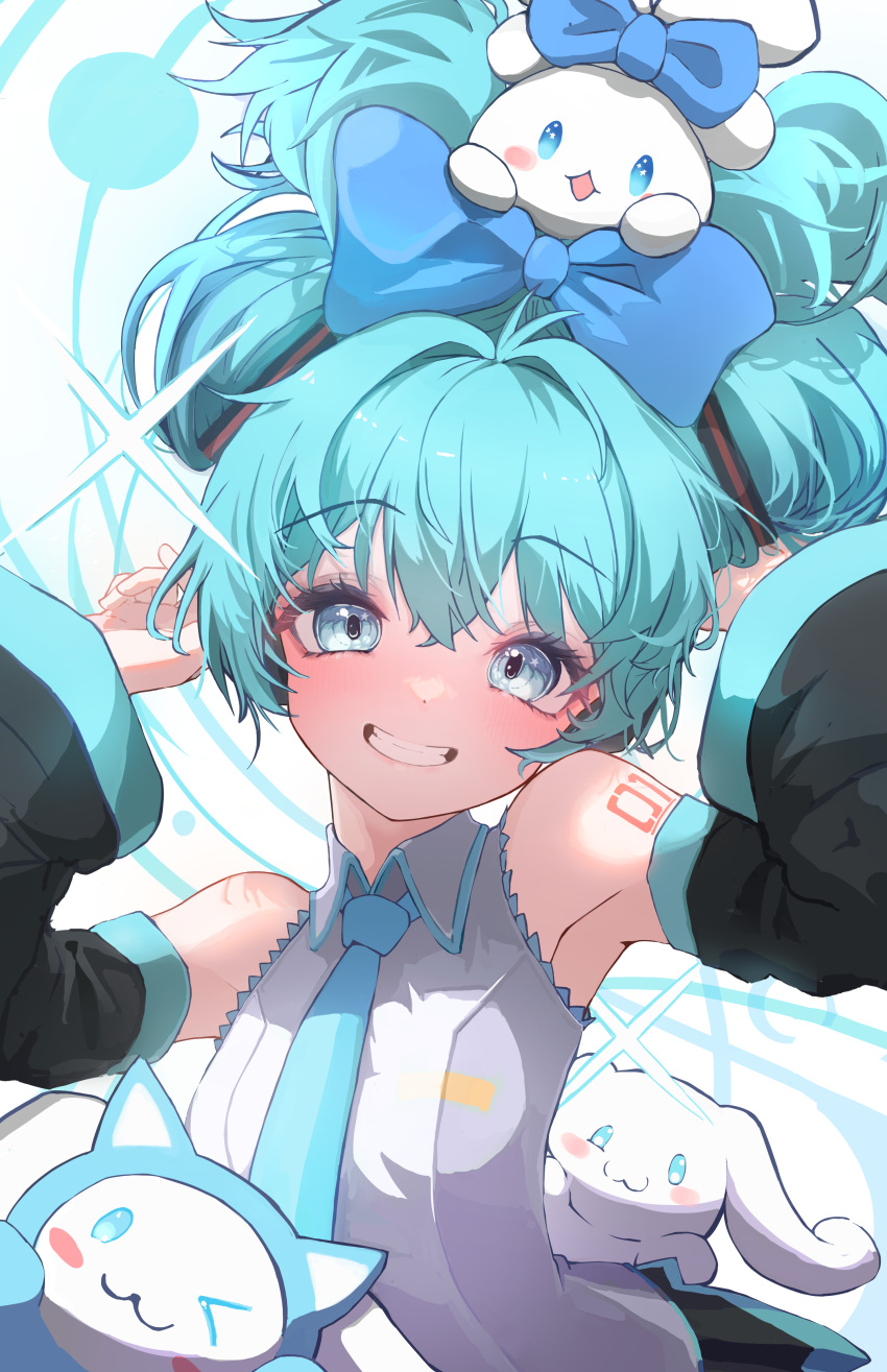 Safebooru - 1girl absurdres aqua hair arms up bare shoulders blue bow blue eyes blue necktie bow ...