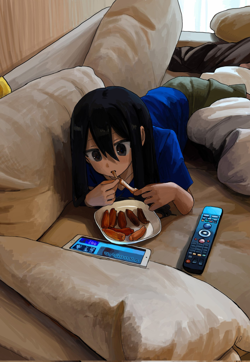 Safebooru - 1girl black hair blue shirt controller couch eating food ...