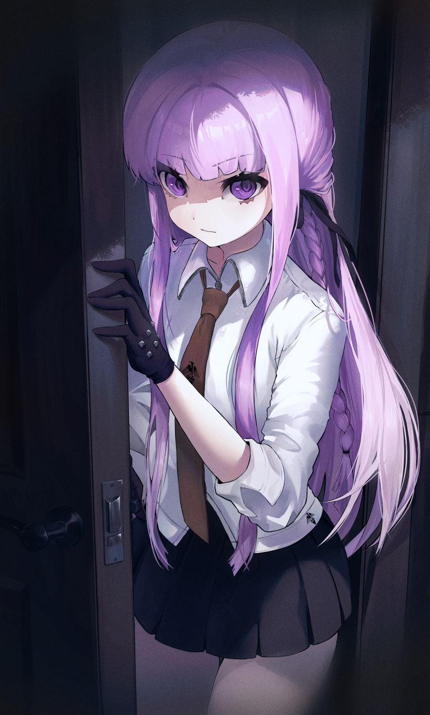 Safebooru - 1girl absurdres black gloves black ribbon black skirt braid brown necktie collared ...