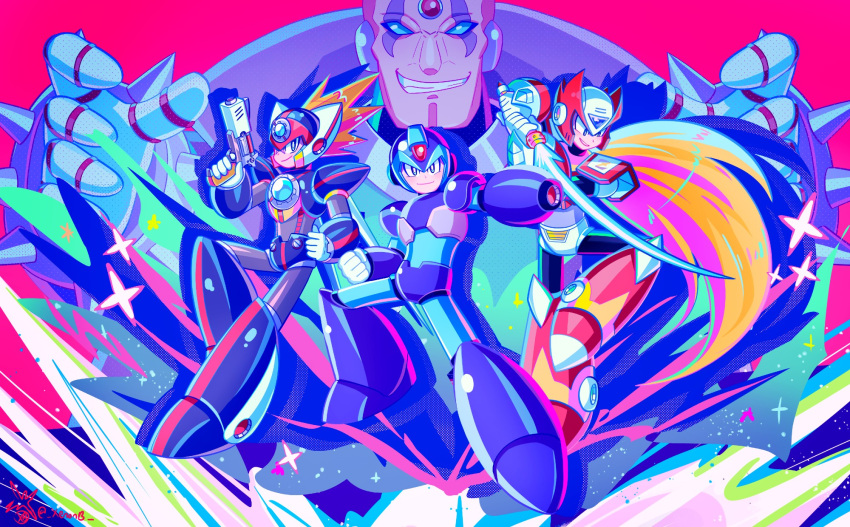 Safebooru - 4boys arm cannon armor axl (mega man) blonde hair blue ...