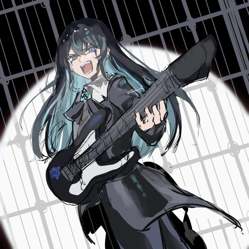 Safebooru - 1girl ado (utaite) ado box black coat black hair black pants blue eyes blue hair ...