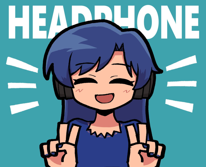 Safebooru - 1girl :d black headphones blue hair blue shirt cartoonized ...