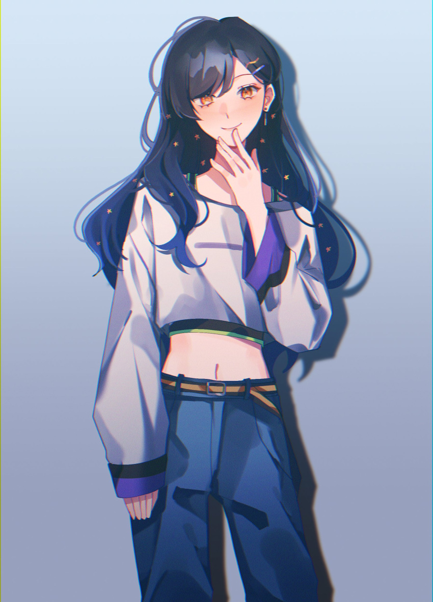 Safebooru - 1girl absurdres arm at side belt black hair blue hair blue pants brown belt closed ...