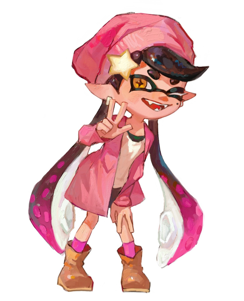 Safebooru - 1girl :d ;d beanie black hair brown footwear callie ...