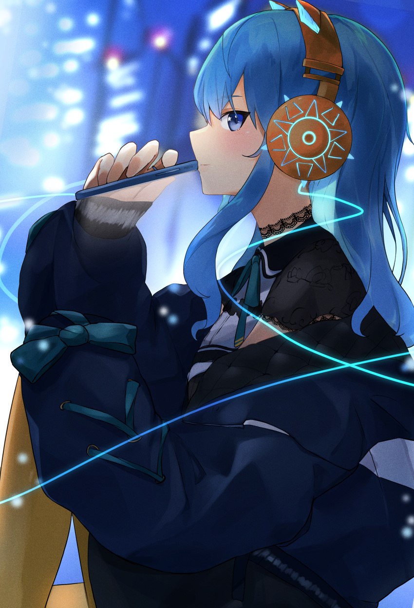 Safebooru - 1girl absurdres blue eyes blue hair blurry blurry background chankuro city cityscape ...