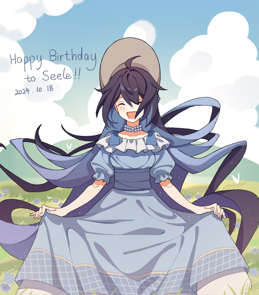 Safebooru - 1girl alternate costume birthday black hair blue dress blue flower blue hair brown ...