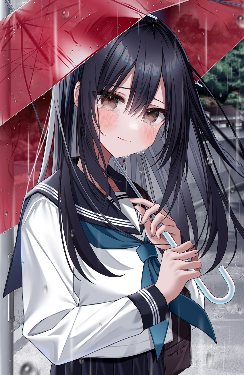 Safebooru - 1girl absurdres bag black hair black sailor collar black skirt blue neckerchief ...