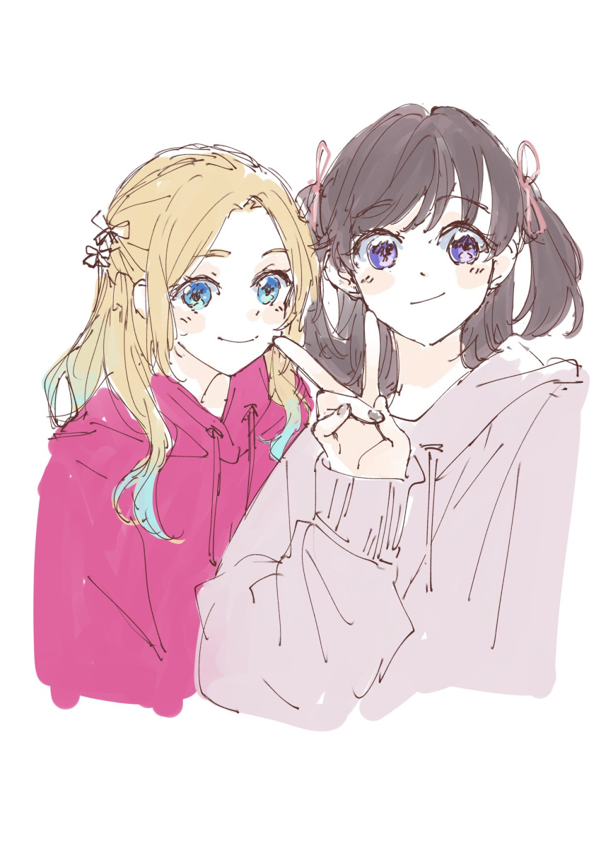 Safebooru - 2girls blonde hair blue eyes blue hair brown hair closed mouth cropped torso ...