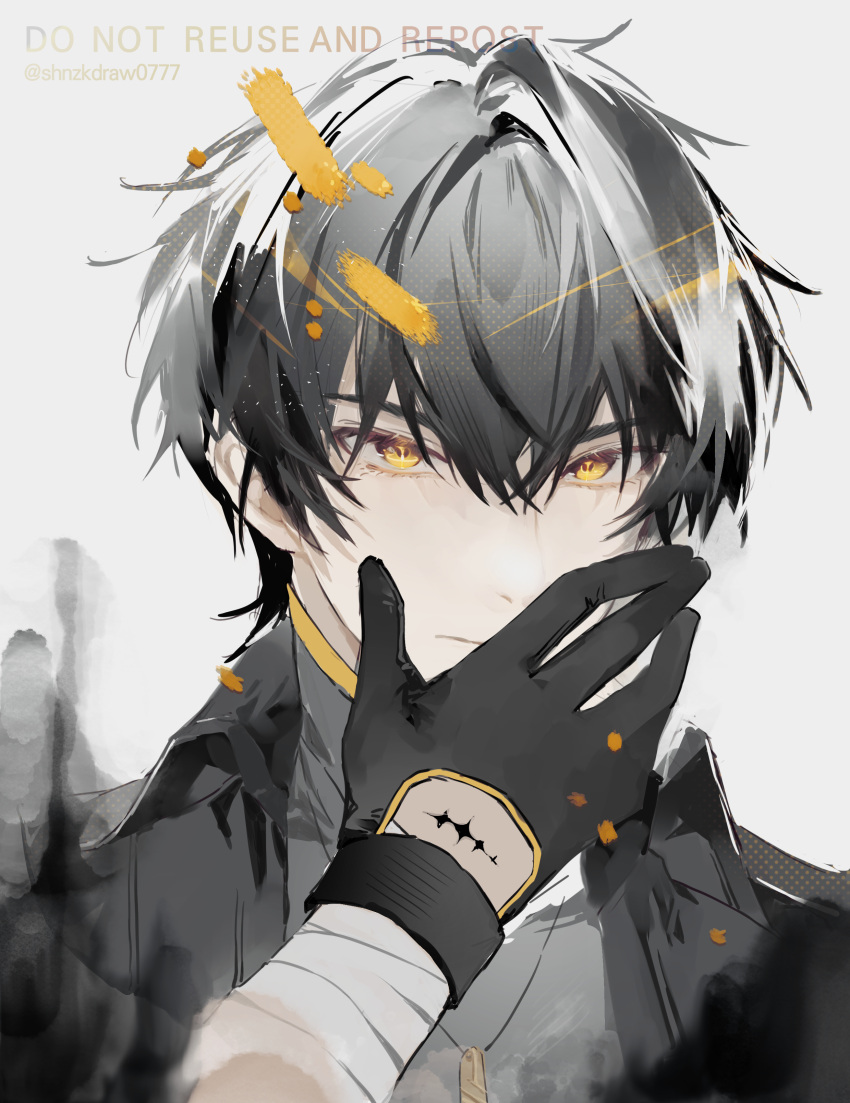 Safebooru - 1boy absurdres bandaged arm bandages black gloves black hair black jacket cino ...