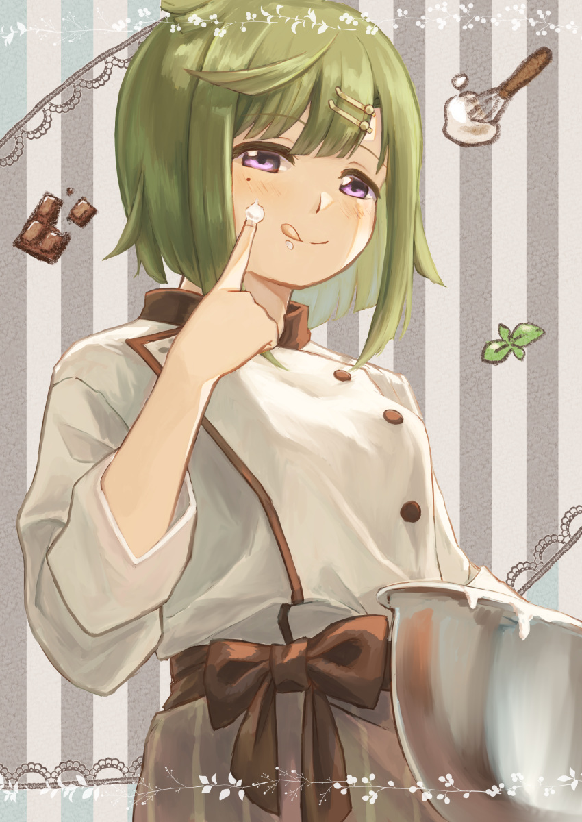 Safebooru - 1girl absurdres aki sakie bob cut bowl chef cream green ...