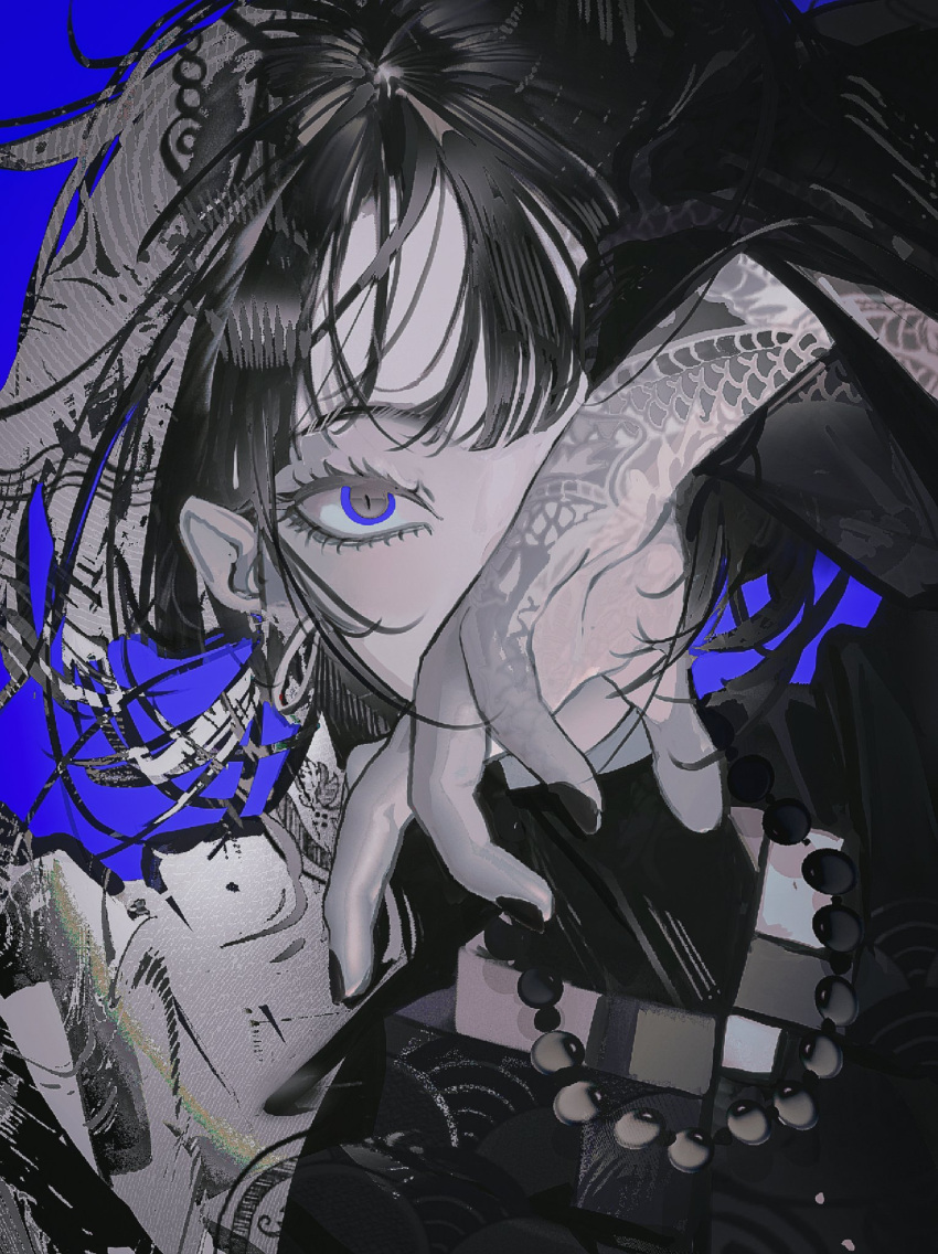 Safebooru - 1girl animal ears bead necklace beads black hair black nails blue background blue ...