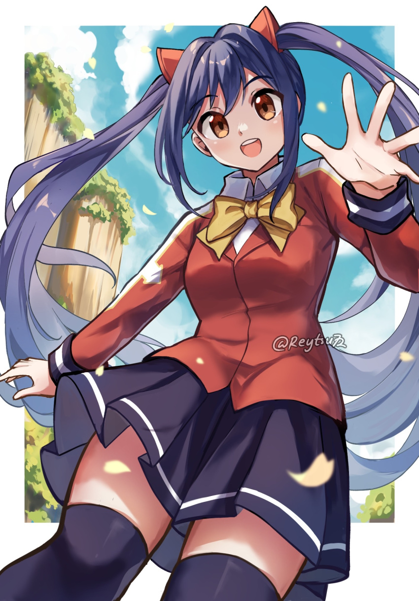 Safebooru 1girl Black Skirt Black Socks Blue Hair Blue Sky Bow 8678