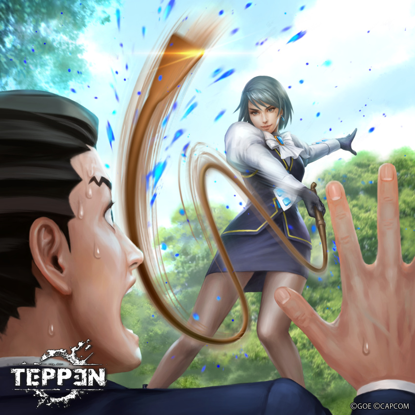 Safebooru - 1boy 1girl ace attorney black gloves black hair black skirt black vest blue sky ...