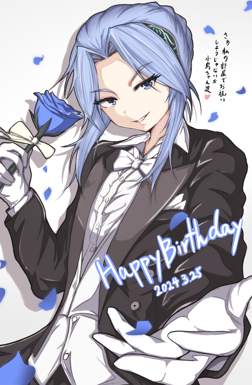Safebooru - absurdres black jacket blazer blue eyes blue flower blue hair blue rose bow bowtie ...