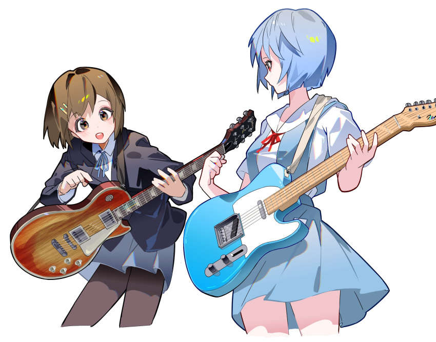 Safebooru - 2girls ayanami rei blazer blue dress blue hair blue jacket blue ribbon brown eyes ...