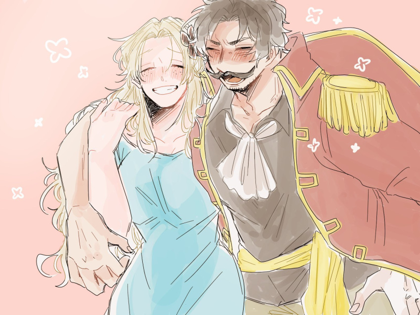 Safebooru - 1boy 1girl 3so4ru 16 ascot black hair black shirt blonde hair blue dress blush coat ...