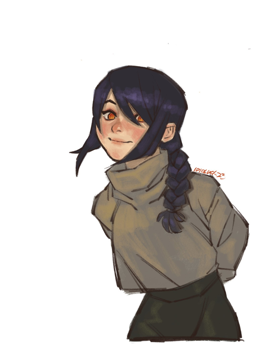 Safebooru - 1girl arms behind back black hair black pants braid braided ...