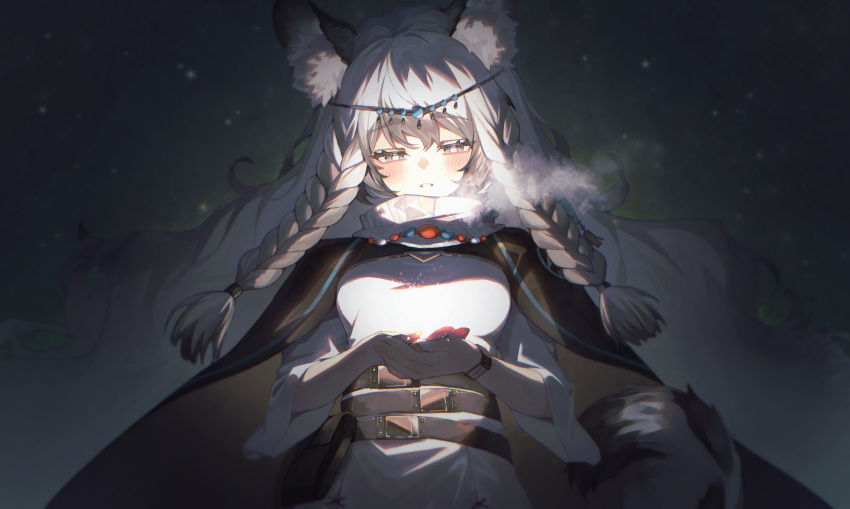 Safebooru - 1girl animal ear fluff animal ears arknights belt black background black cape blush ...
