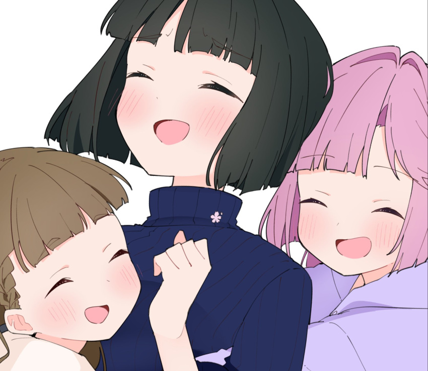 Safebooru - 3girls :d ^ ^ anyoji hime black hair blue sweater blunt bangs blunt ends blush braid ...