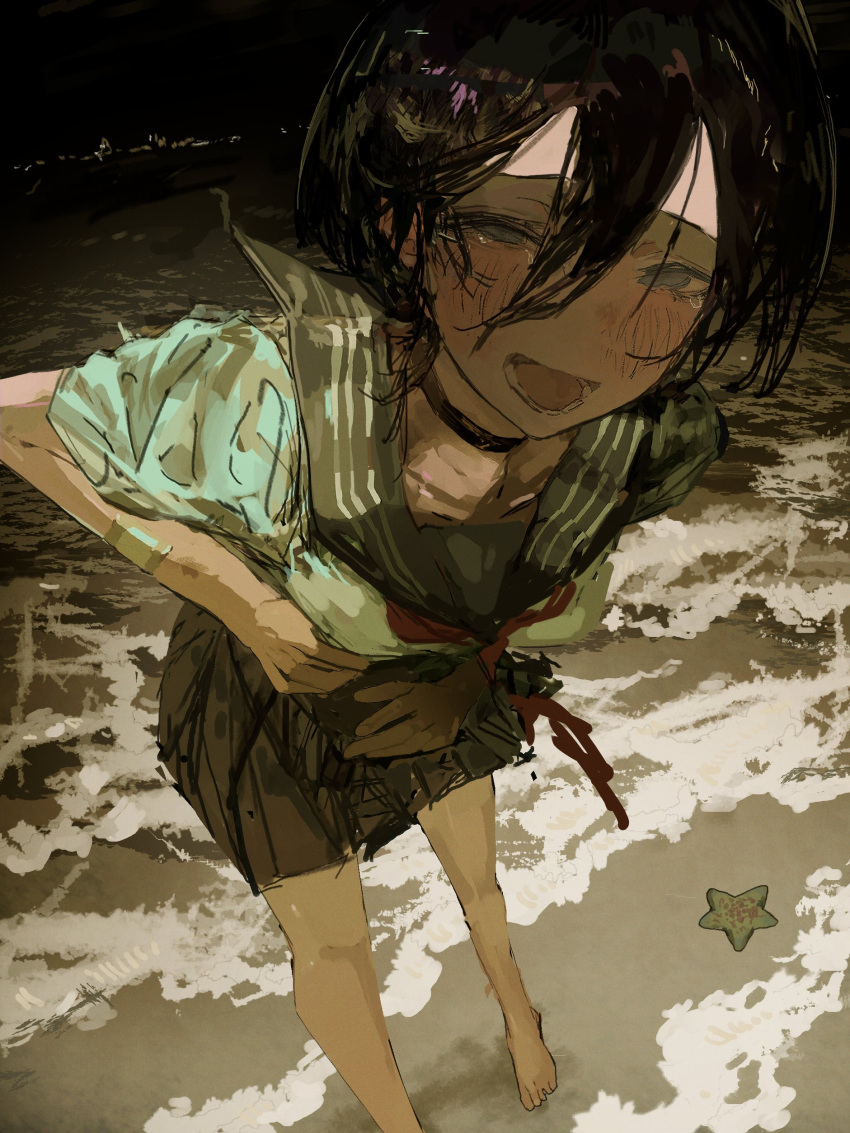 Safebooru - 1girl absurdres barefoot beach black choker black hair choker commentary request ...