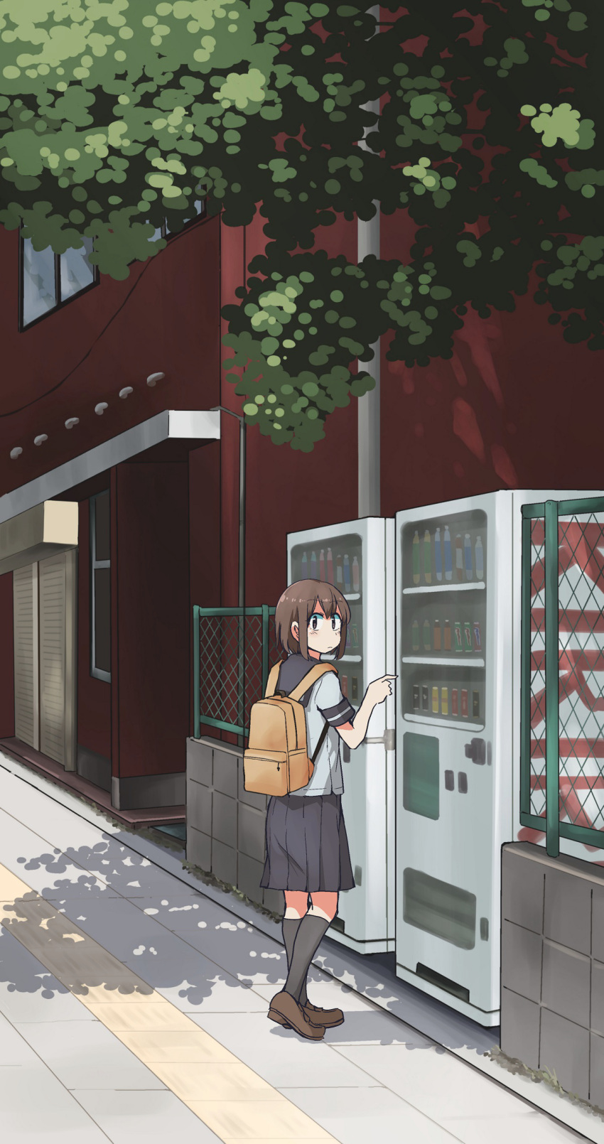 Safebooru - 1girl bag black skirt black socks brown footwear brown hair building closed mouth ...