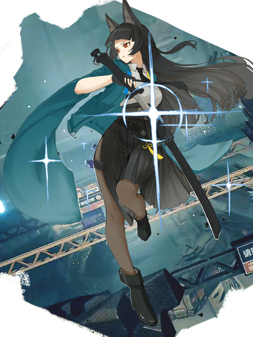 Safebooru - 1girl absurdres animal ear fluff black footwear black hair black necktie black ...