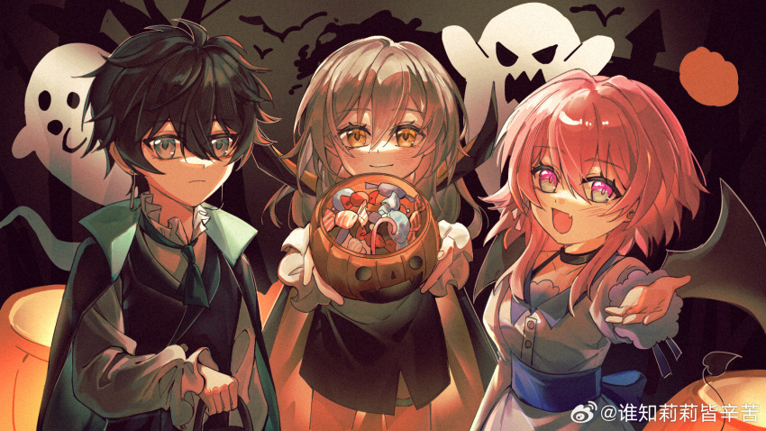 Safebooru - 1boy 2girls :d aged down bat wings black cape black choker ...