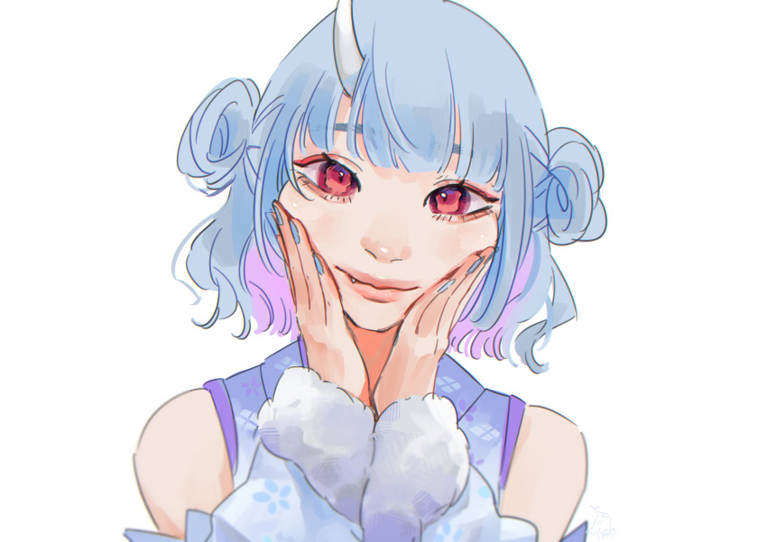 Safebooru - 1girl absurdres bare shoulders blue hair blue nails blunt bangs busou kanojo colored ...