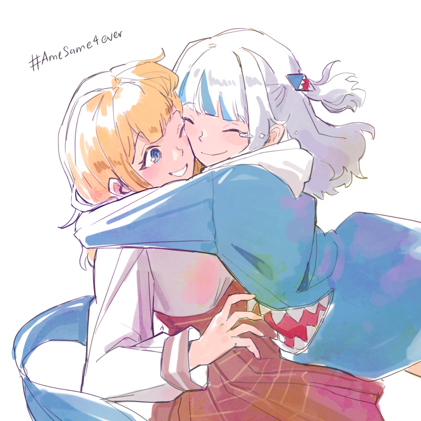 Safebooru - 2girls absurdres blonde hair blue eyes blue hair blue hoodie brown skirt cheek-to ...