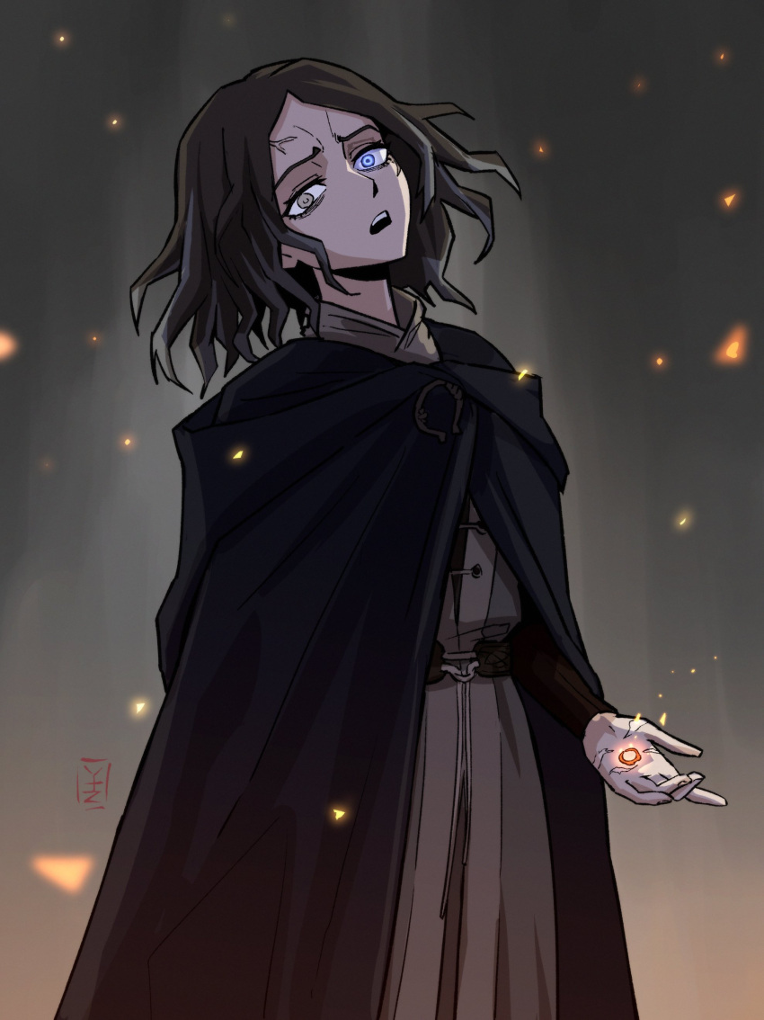 Safebooru - 1girl absurdres anger vein black cloak blue eyes brown hair cloak commentary request ...