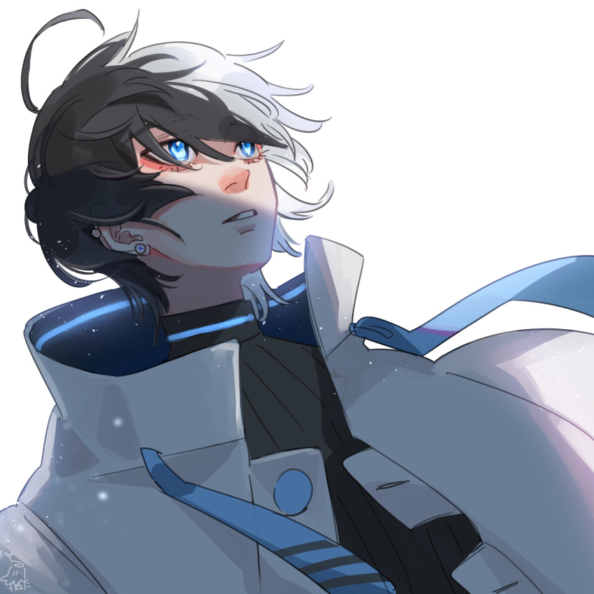 Safebooru - 1boy ahoge black hair blue eyes ear piercing earrings high ...